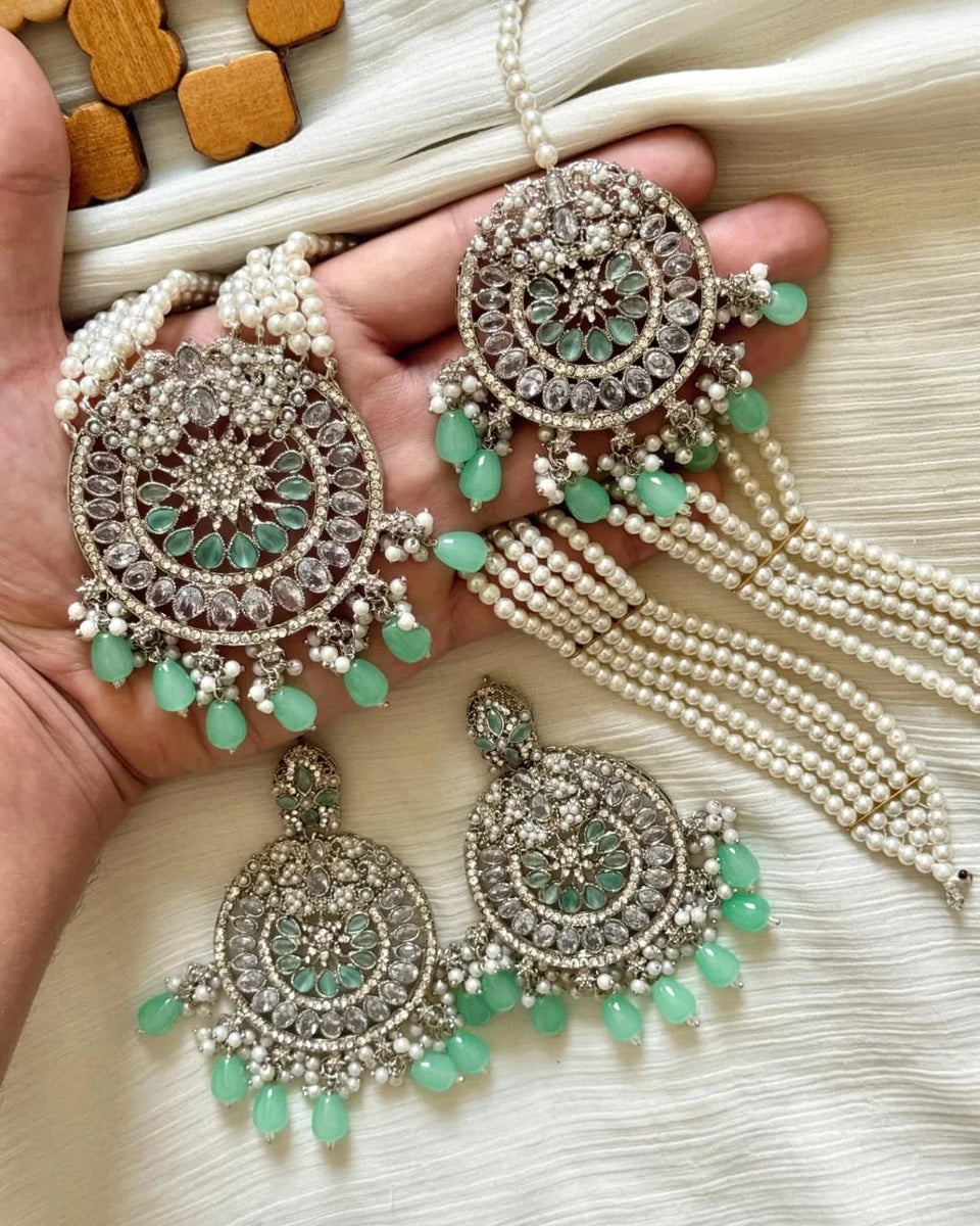 Silver &Mint Green Kundan Pearl Mala Set – kohenoorofficial